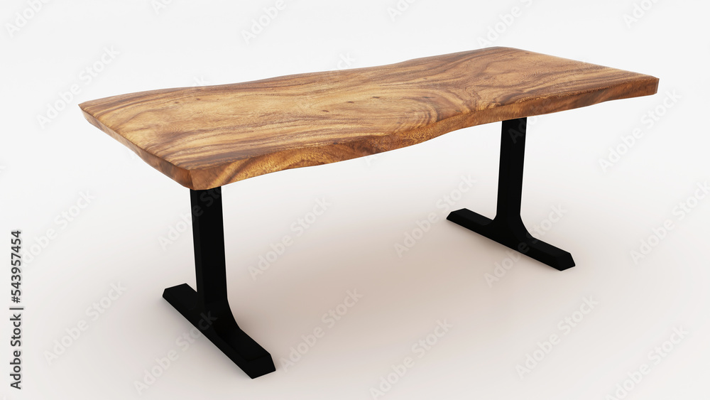 Wooden lacquered table with black metal legs on white background ...