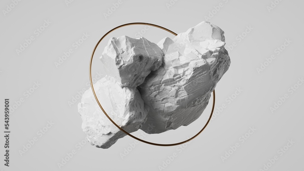 3d render, abstract white background with chalk rock stone and golden ...