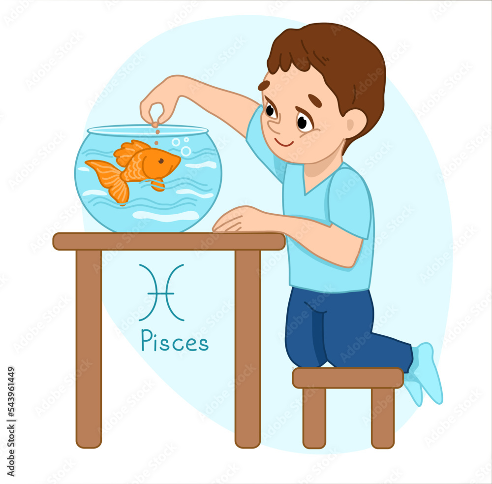 Pisces zodiac sign. The boy feeds the fish in the aquarium. Isolate ...