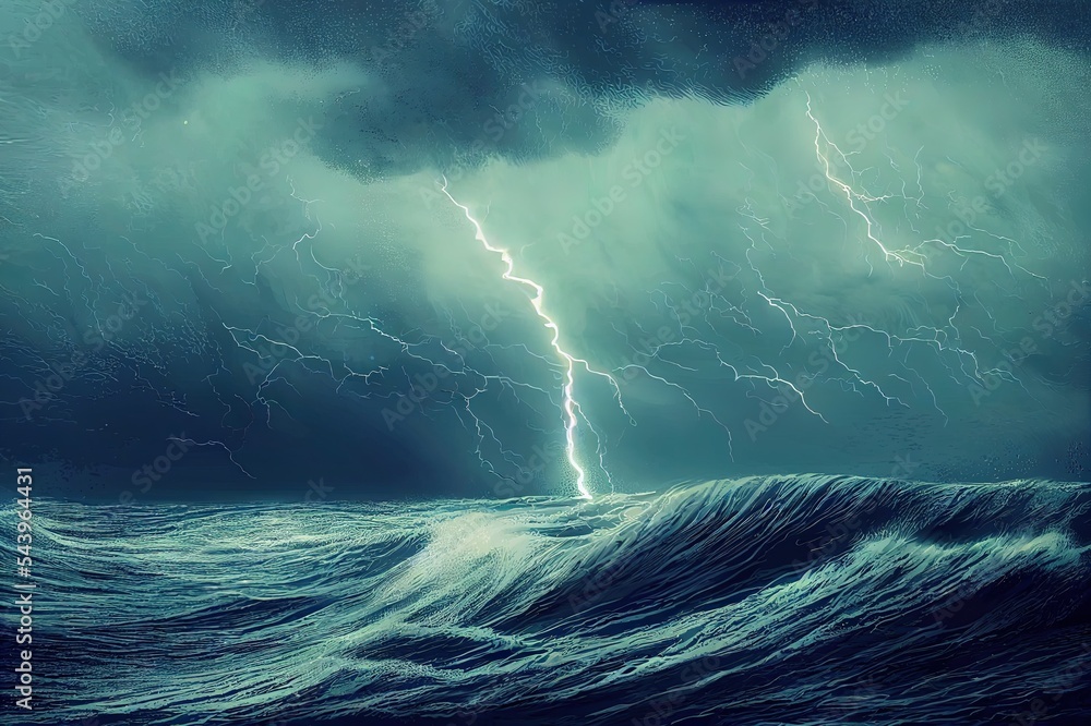 Bright lightning in a raging sea. A strong storm in the ocean. Big ...