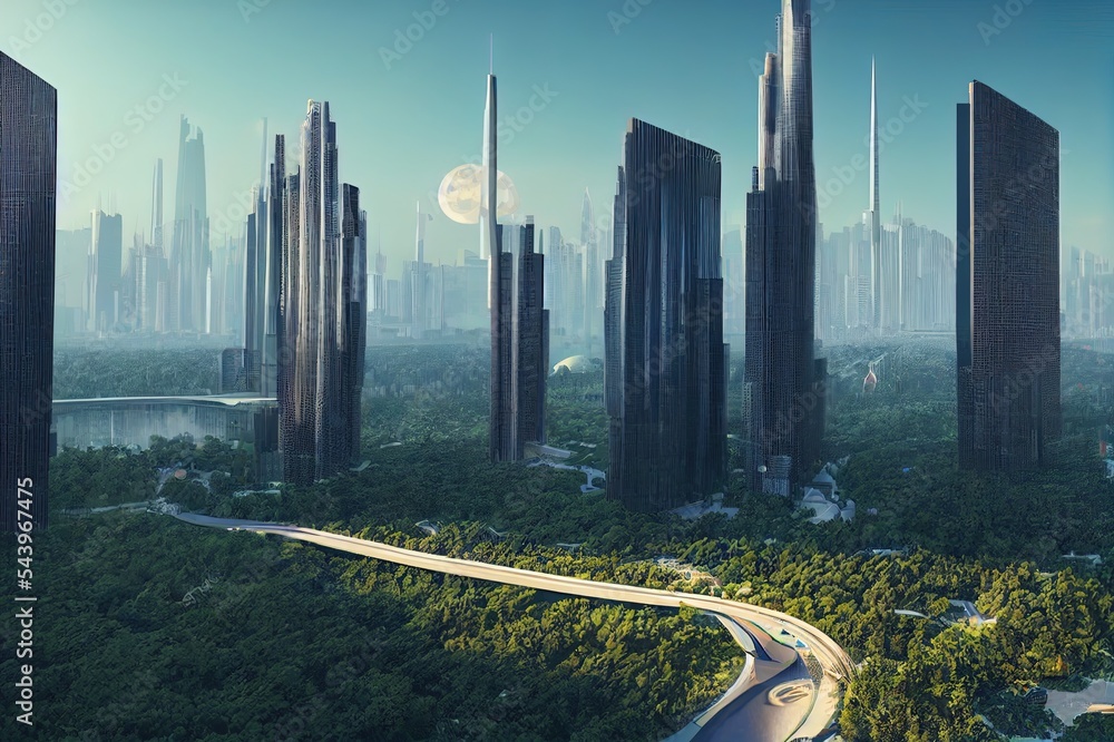 Future smart city skyline panorama 3D scene. Futuristic eco cityscape ...