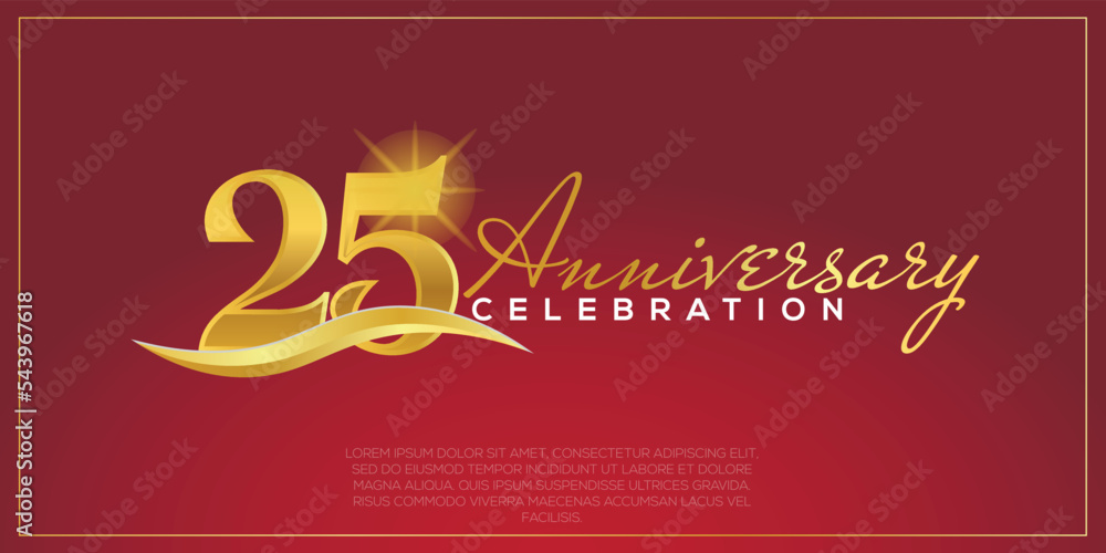 25th anniversary logo with confetti golden colored text isolated on red ...