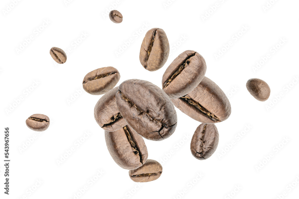 Coffee beans falling background. Black espresso coffee bean flying ...