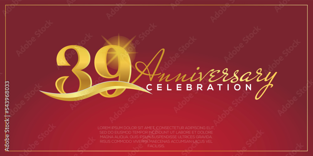 39th anniversary logo with confetti golden colored text isolated on red ...