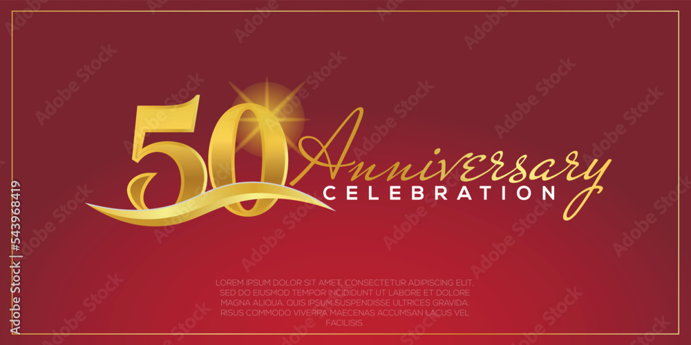 50th anniversary logo with confetti golden colored text isolated on red ...