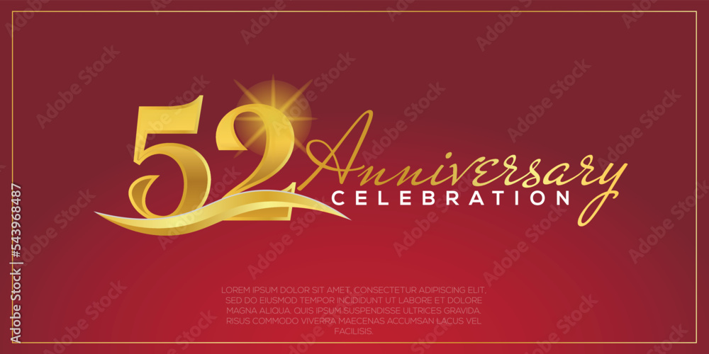 52nd anniversary logo with confetti golden colored text isolated on red ...