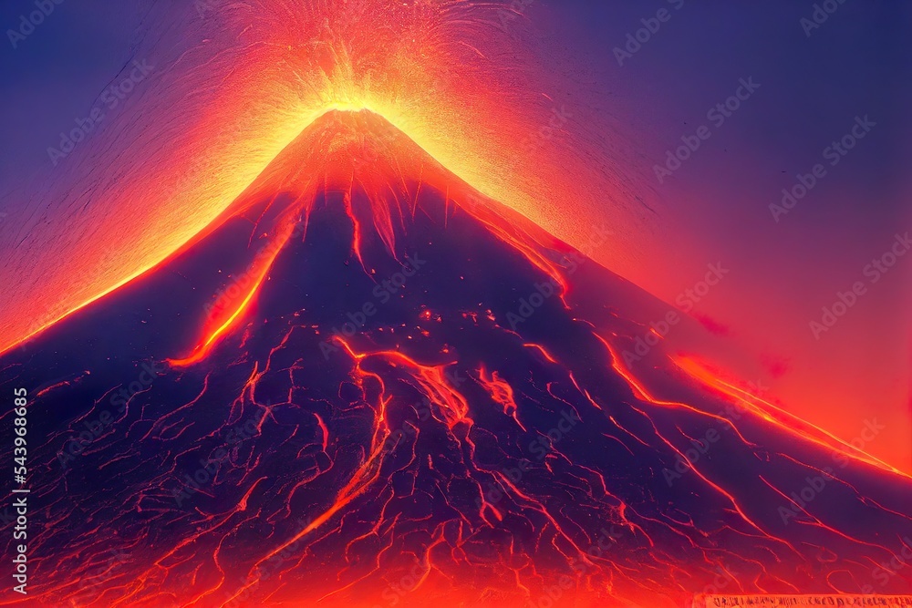 massive volcano eruption, a large volcano erupting hot. high detail ...