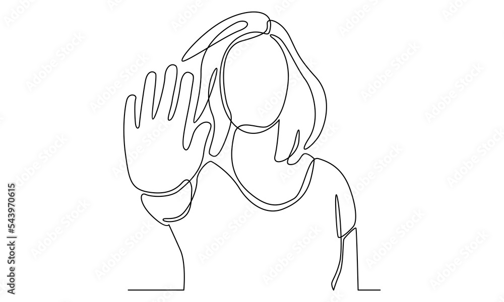 continuous line of woman showing palm as stop sign, stay, hold or ...