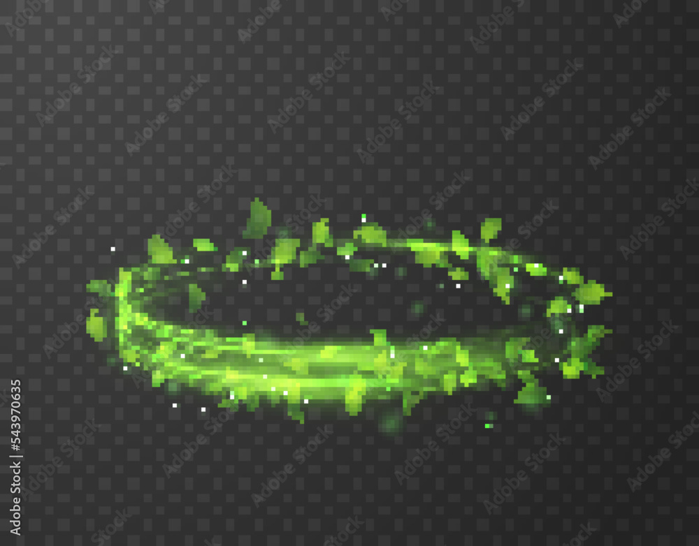 Green spiral spring wind effect with magic dust particles flying around ...