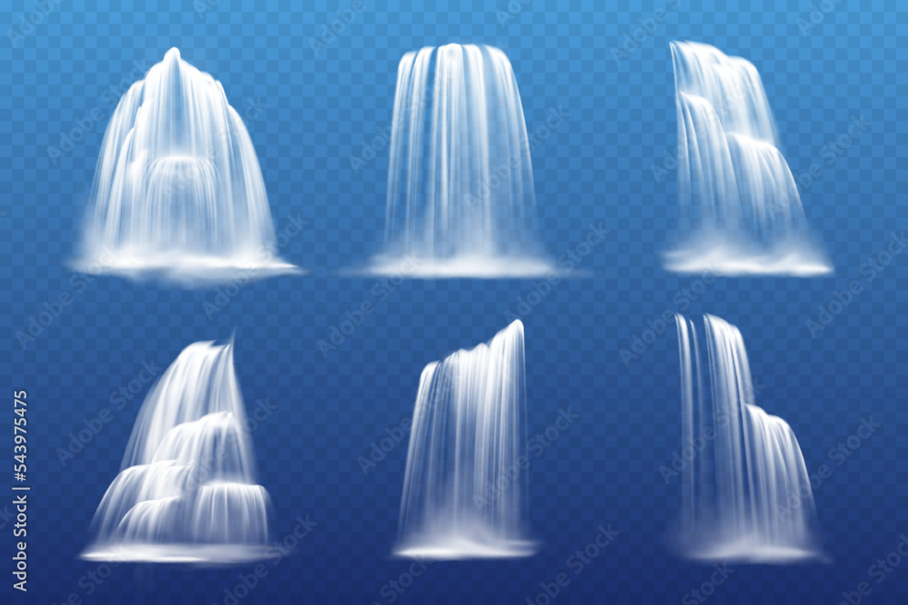 Waterfall cascade, realistic water fall streams, isolated vector pure ...