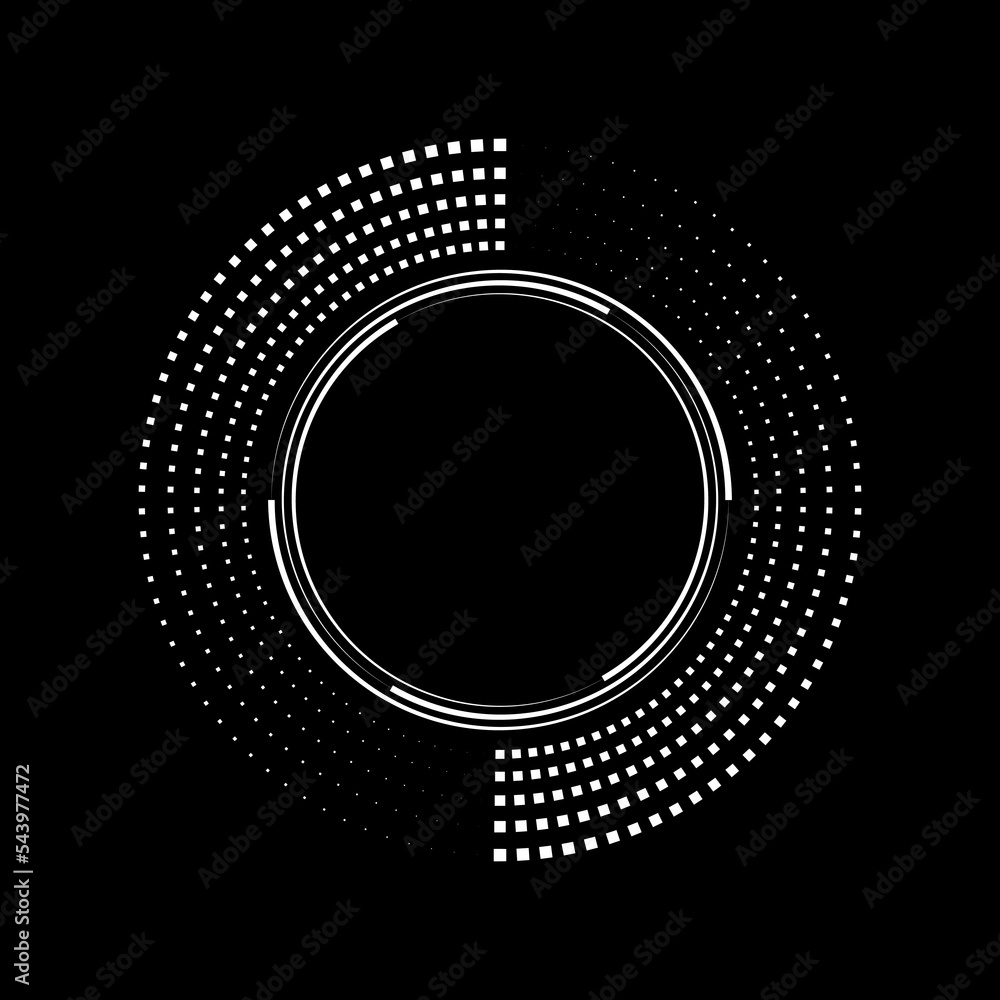 Tiny white squares and stipes in circle form. Halftone dots. Trendy ...