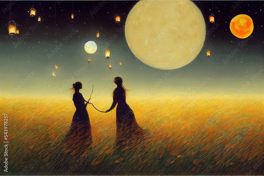 Romantic oil painting lovers on night field in tall grass by light of ...