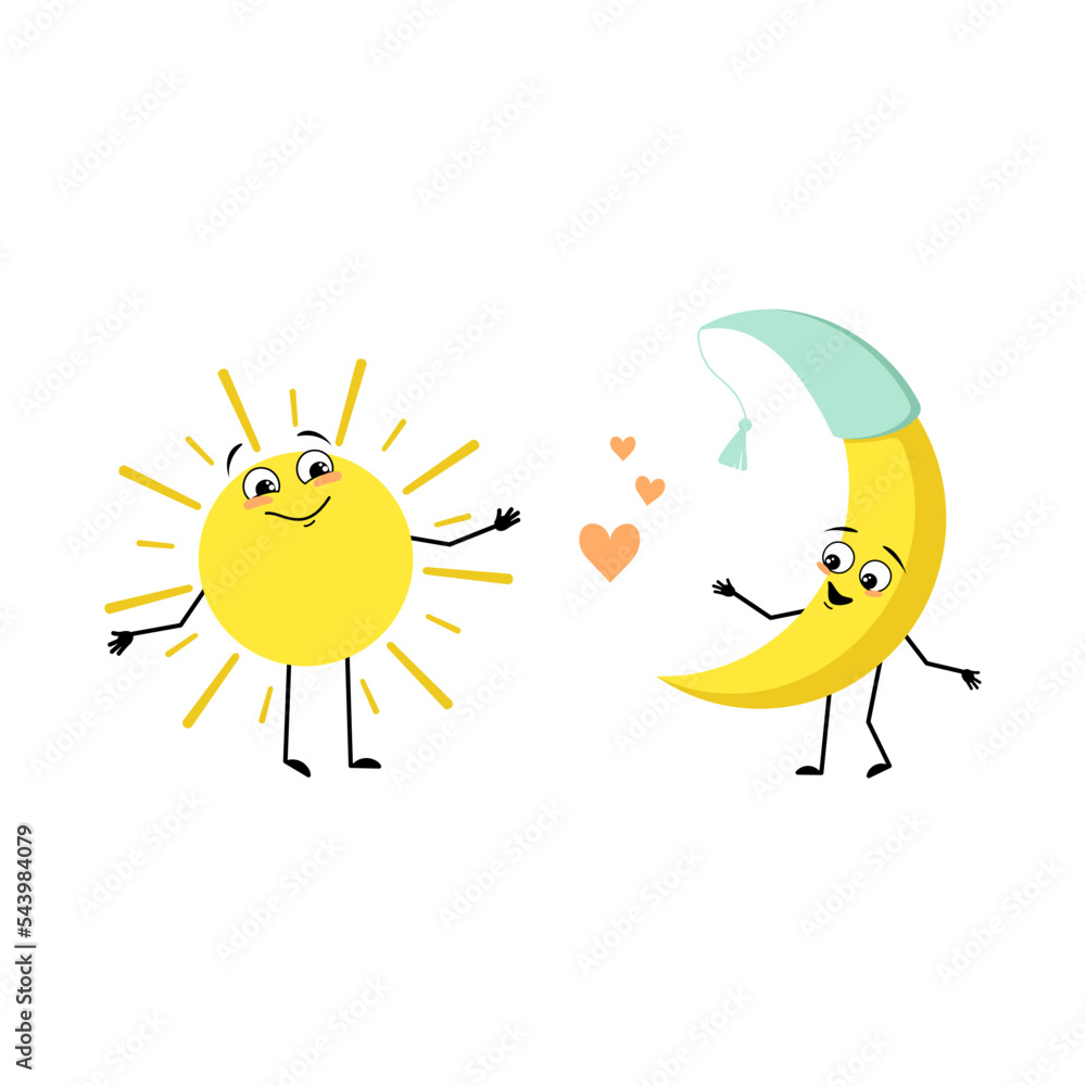 Cute sun and moon character with love emotions, happy face, smile, arms ...