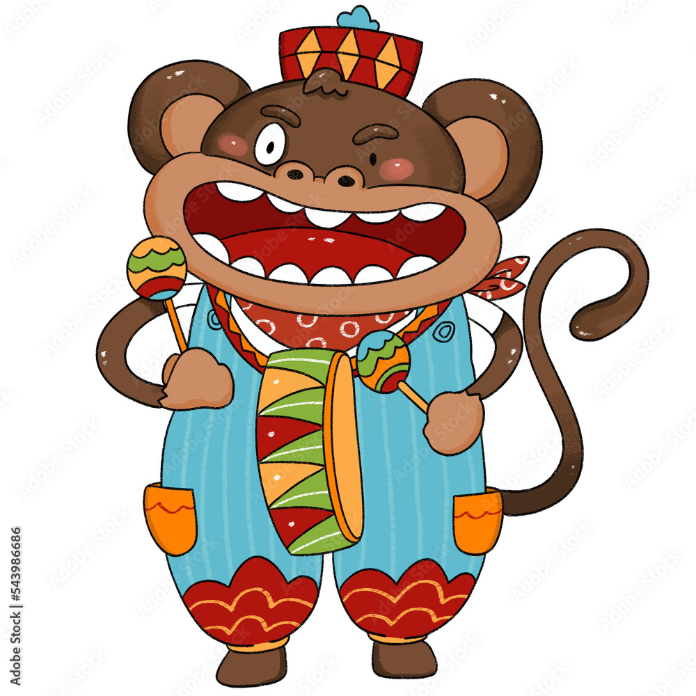 Circus monkey with drum hand drawn illustration in cartoon design Stock ...