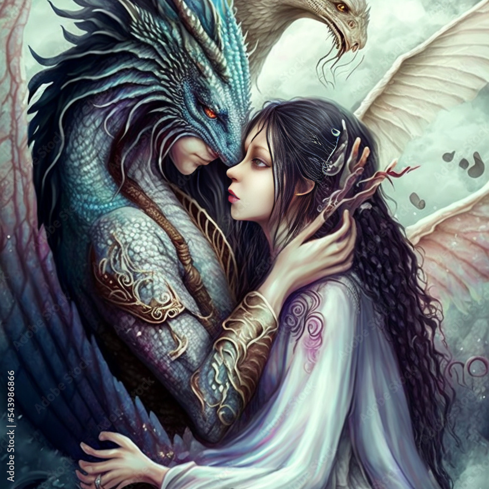 woman kissing dragon man Stock Illustration | Adobe Stock