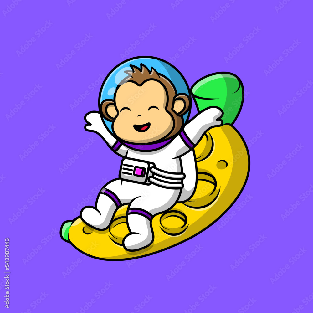 Cute Monkey Astronaut Sitting On Banana Moon Planet Cartoon Vector ...