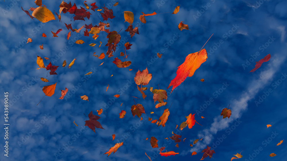 Seasonal Wallpaper with Autumn Leaves blowing in the wind. Dusk Sky ...