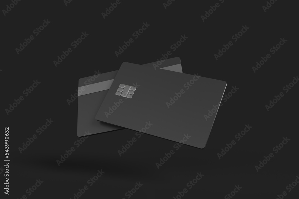 Front and back sides of blank credit or debit cards mockup on a dark ...