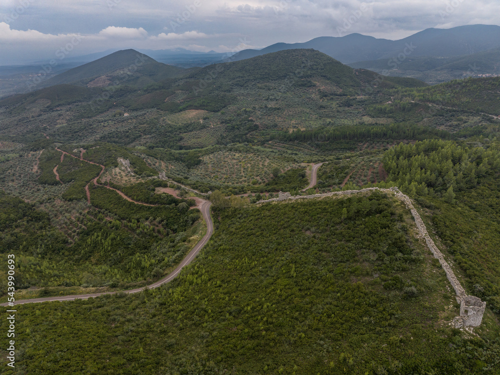Aerial view of the ancient city walls of Messene with giant stones and ...