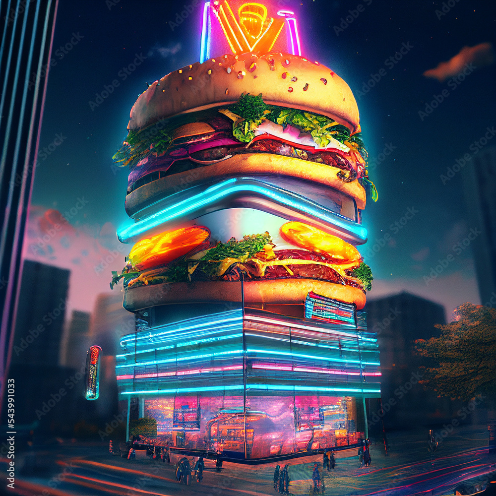 Futuristic burger, fast food neon lights, cyberpunk, cafe in the night ...