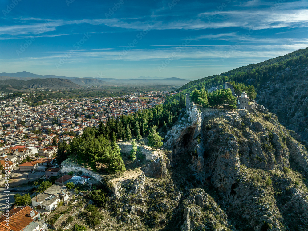 Aerial view of ruined medieval hilltop castle in Livadia Greece, built ...