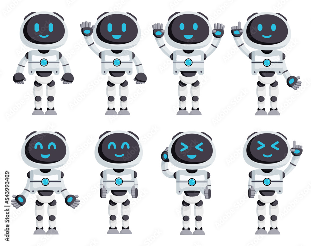 Robotic character vector set design. Robot ai characters isolated in white background with happy ...
