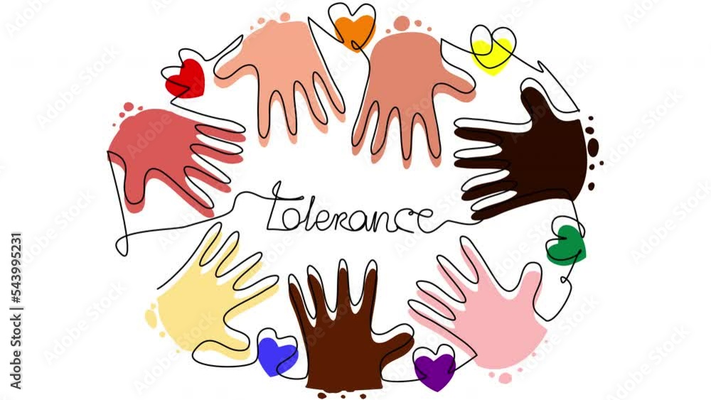 Self-drawing different races people's palms in one line on a white ...