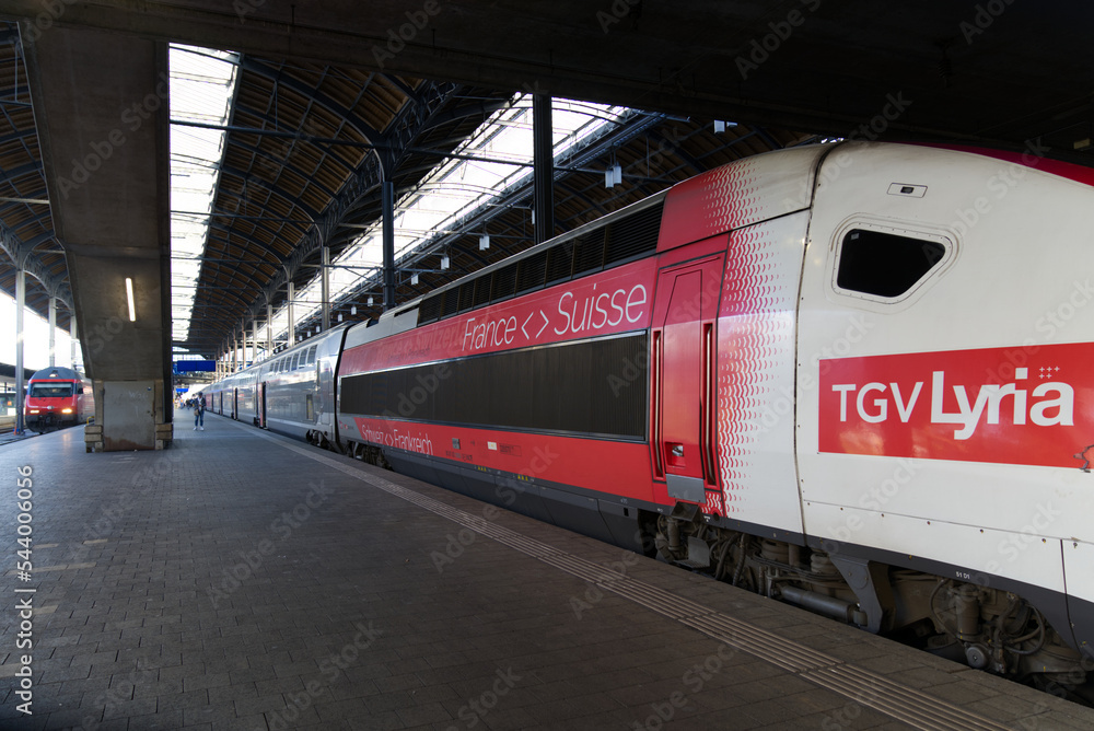 SNCF TGV train at railway station Basel SBB on a sunny summer morning ...