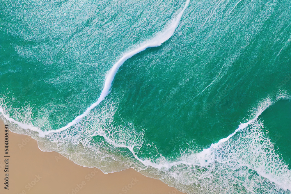 Top view of waves breaking on a beach, water splits the composition in ...