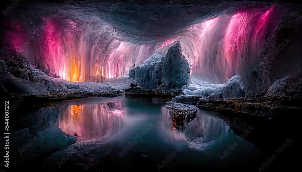 Dark cave with magical colorful neon light. Glow reflection, mirrored ...