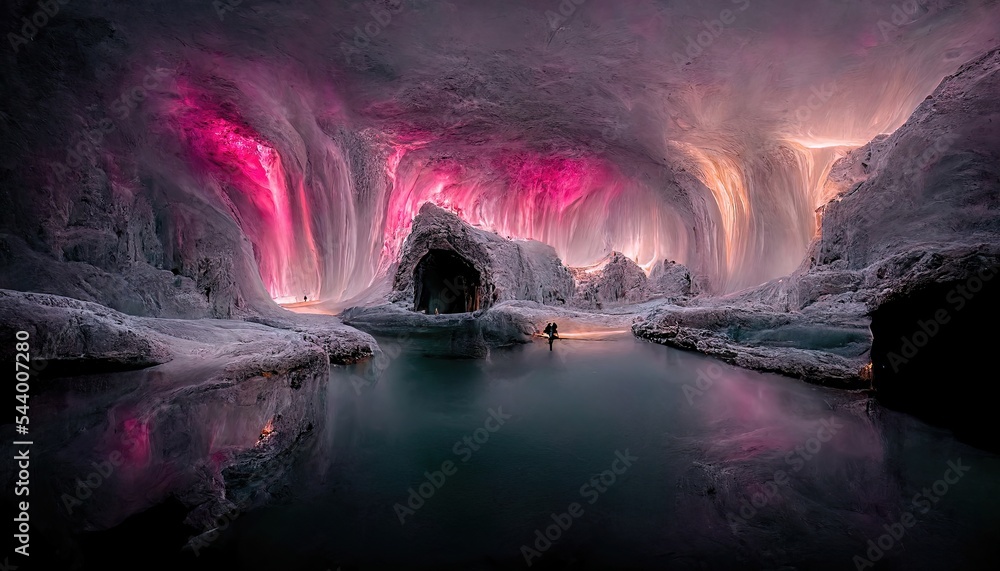 Dark cave with magical colorful neon light. Glow reflection, mirrored ...