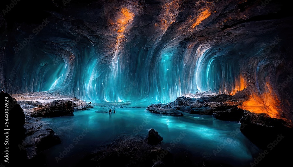 Dark cave with magical colorful neon light. Glow reflection, mirrored ...