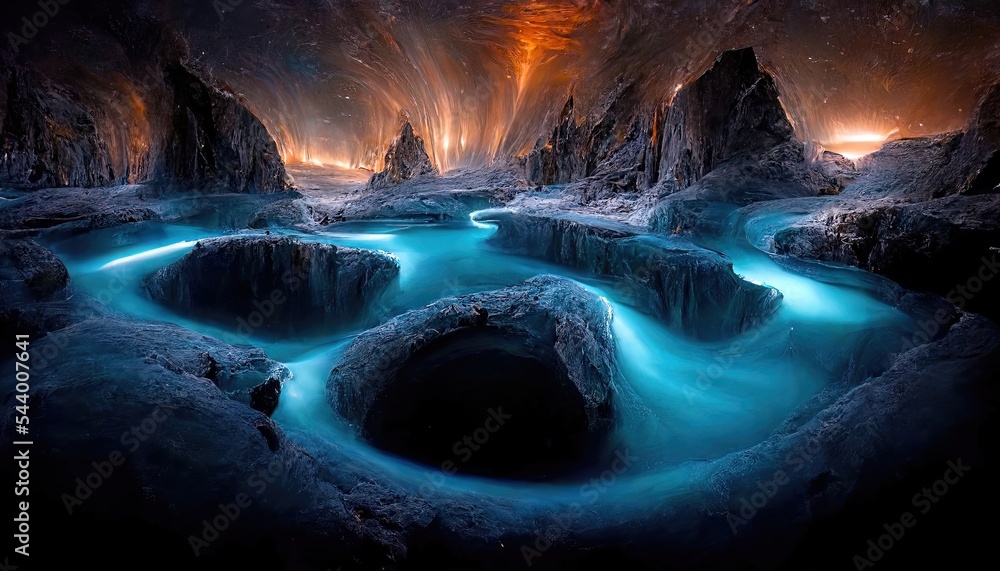 Dark cave with magical colorful neon light. Glow reflection, mirrored ...