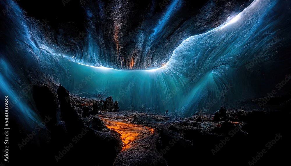 Dark cave with magical colorful neon light. Glow reflection, mirrored ...
