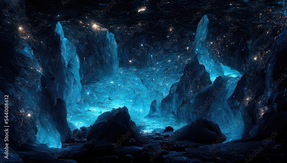 Dark ice cave, magical light, portal. Ice walls, glow. A cut of a stone ...
