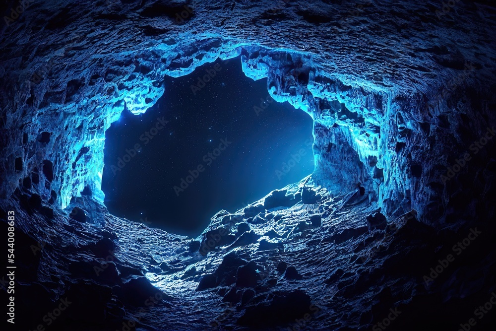 Dark ice cave, magical light, portal. Ice walls, glow. A cut of a stone ...