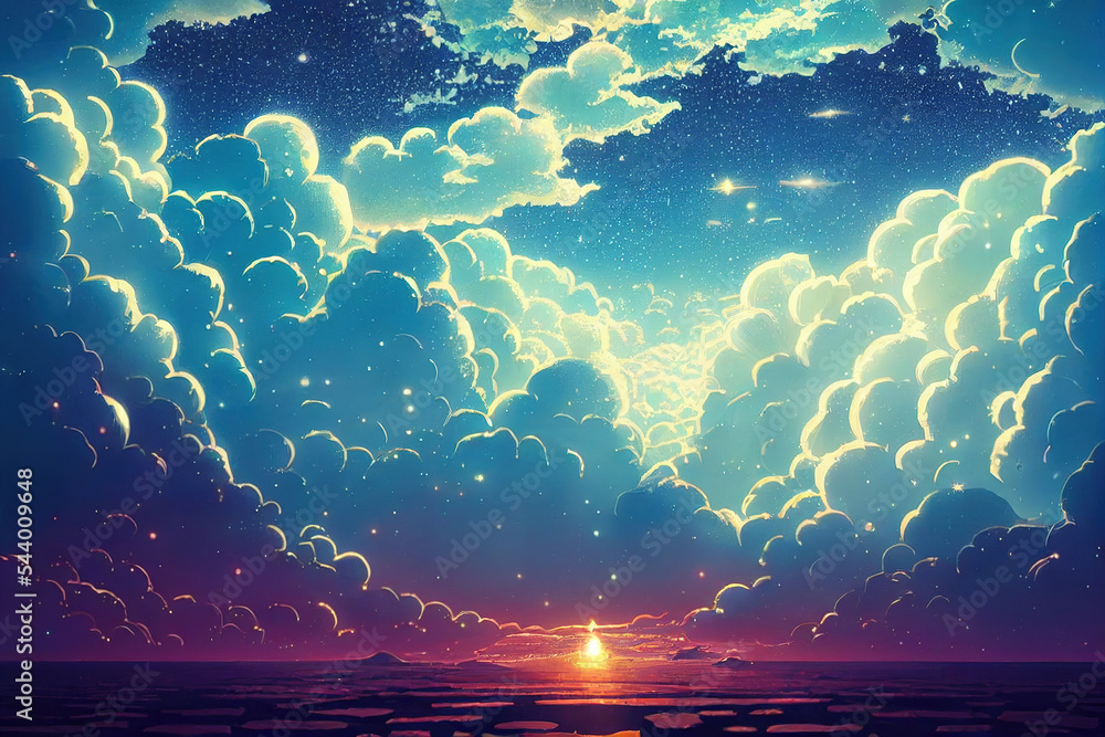 Fantasy Atmosphere Sky Landscape. Japanese Anime Style. Dynamic Cloud ...