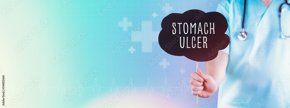 Stomach ulcer (gastric ulcers). Doctor holding sign. Text is in speech ...