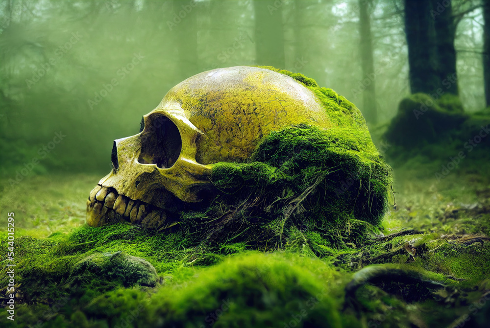 A human skull in a forest clearing of a dense forest. Realistic digital ...