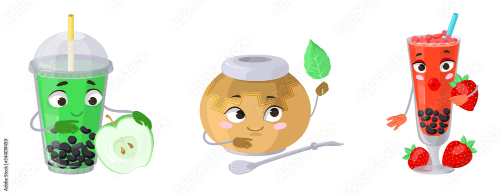 Bubble tea drink cute emoji vector set Stock Vector | Adobe Stock