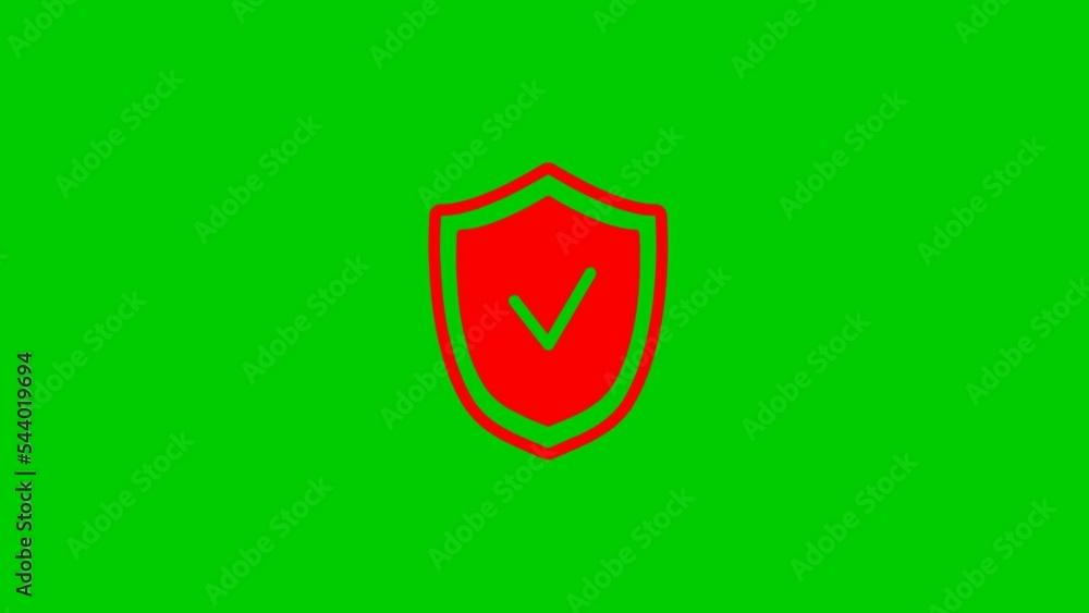 Animated red symbol of shield with check mark. Radiance from rays ...