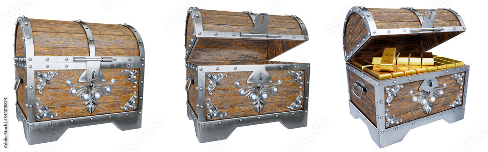 Set of Gold bars or ingots are placed in a treasure chest. made of old ...