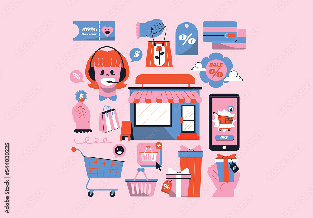Pink Flat Design Happy Shopping Asset Illustration Stock Template ...