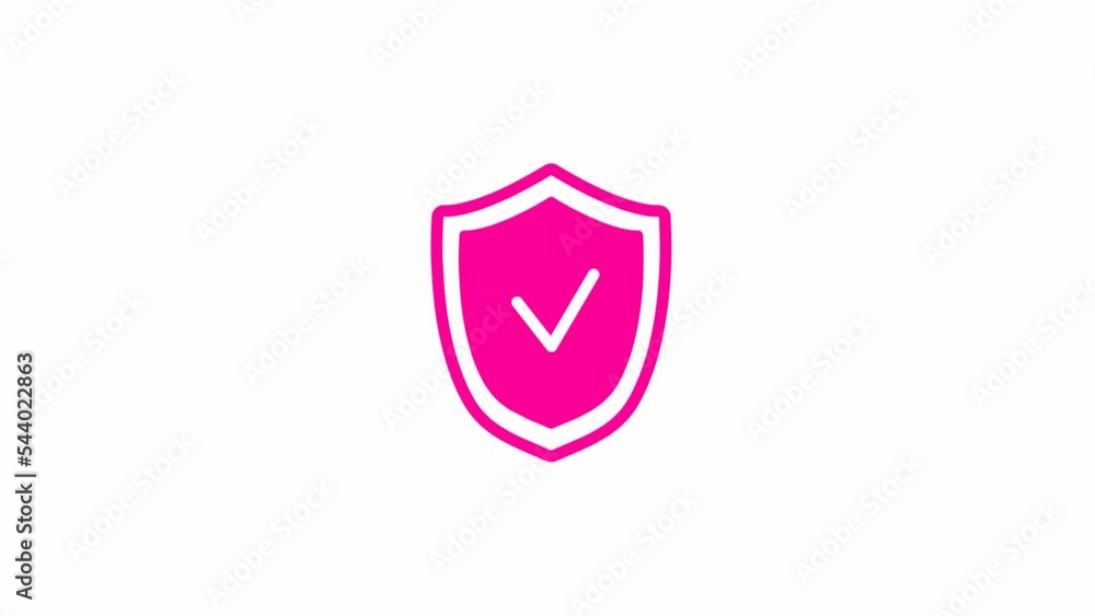 Animated pink symbol of shield with check mark. Radiance from rays ...