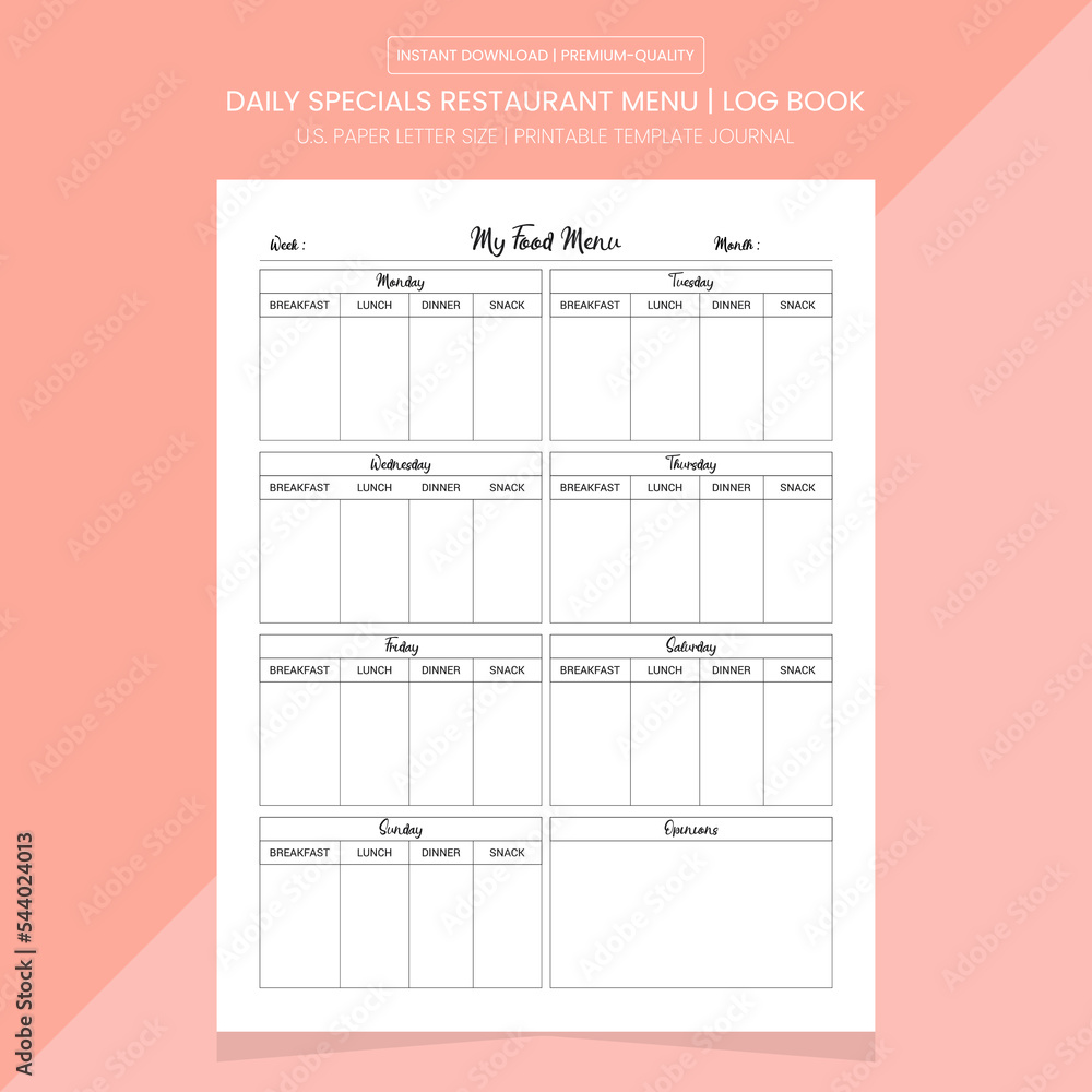 Daily Specials Restaurant Menu Chart Paper | Restaurant Log Book ...
