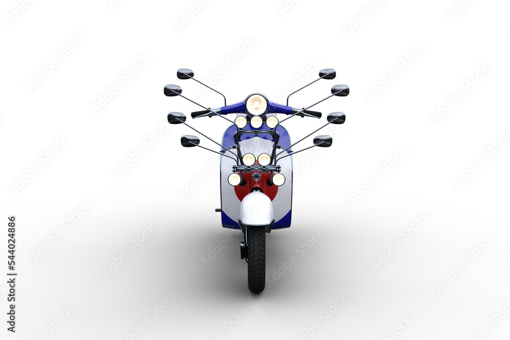 Front view 3D illustration of a white, red and blue motor scooter with ...