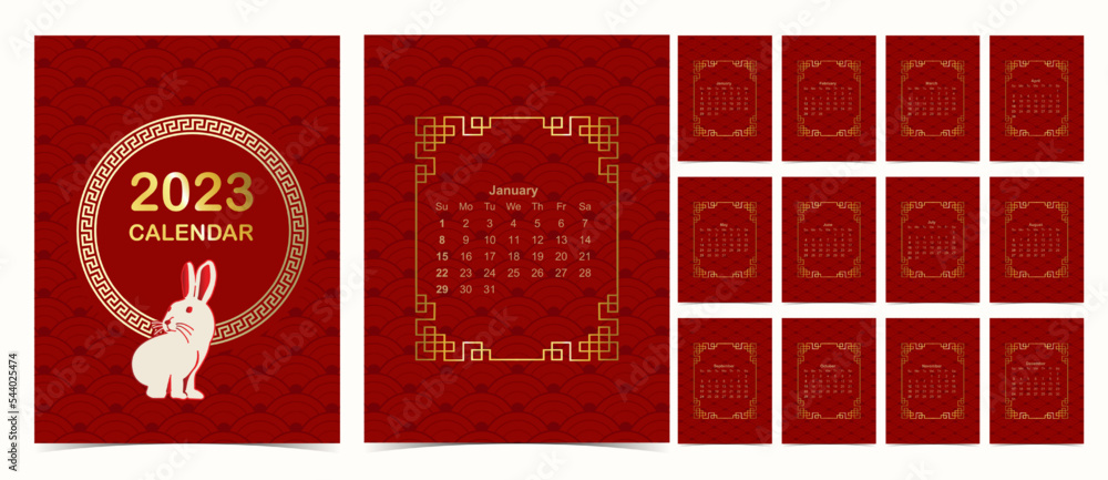 2023 red table calendar week start on Sunday with chinese pattern Stock ...