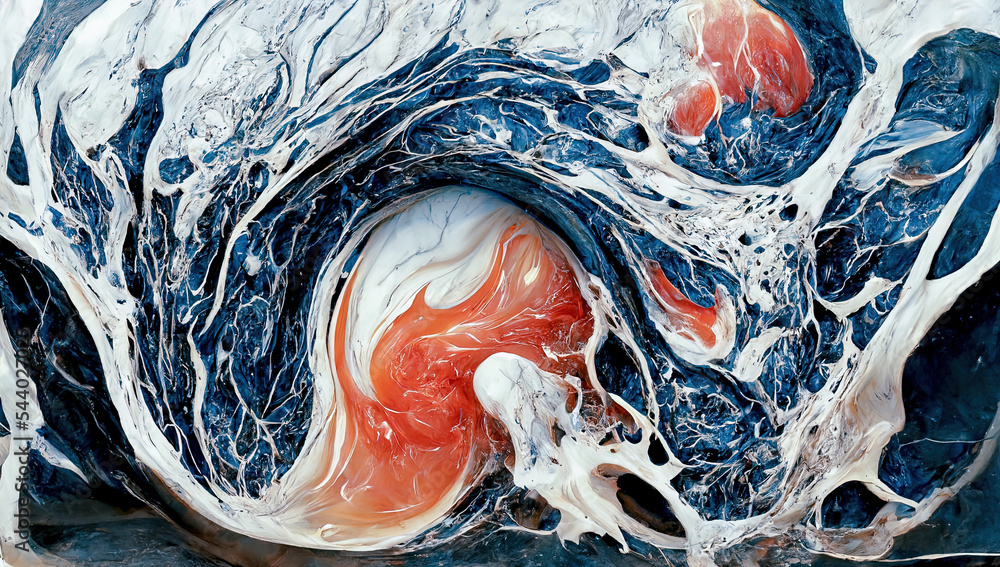 Abstract texture of mixing liquid blue, white and red oil paints ...