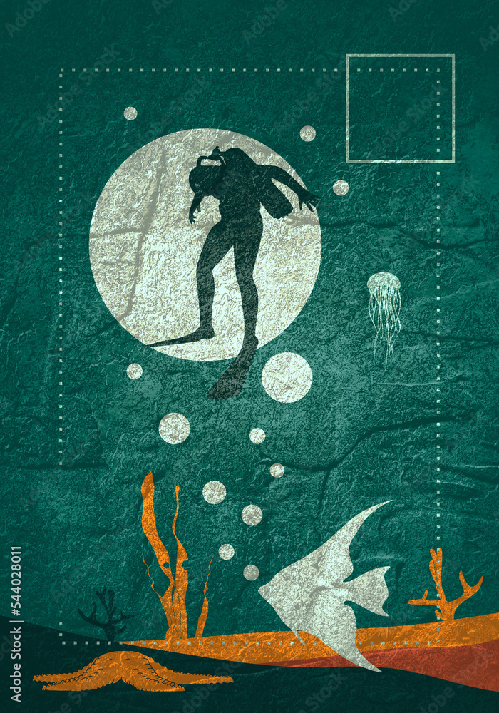 Scuba diving sport poster concept. Underwater landscape. Marine life ...