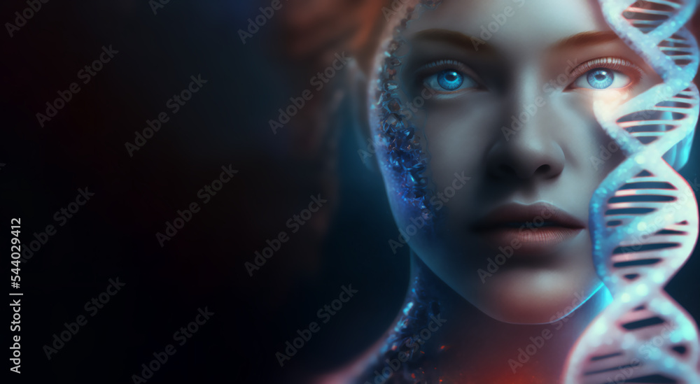 3D human and DNA model interconnection, post human concept, gene ...